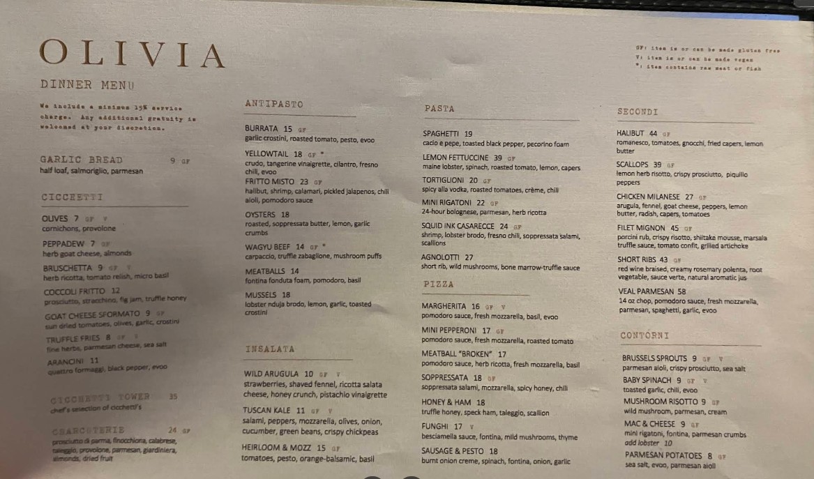 OLIVIA Restaurant Menu & Prices – Tampa